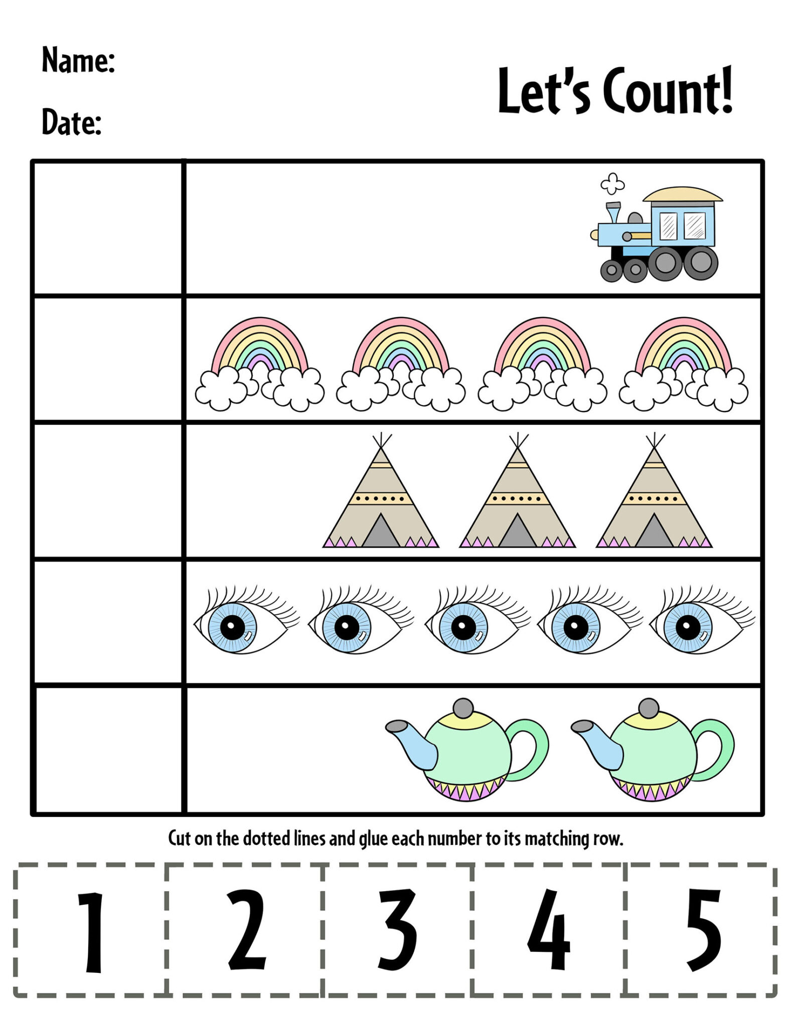 Cut and Paste Numbers 1-5 Worksheets for Preschool ⋆ The Hollydog Blog